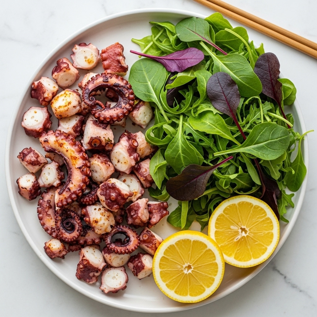 Grilled Octopus with Spring Mix Salad & Lemon | Delicious Seafood